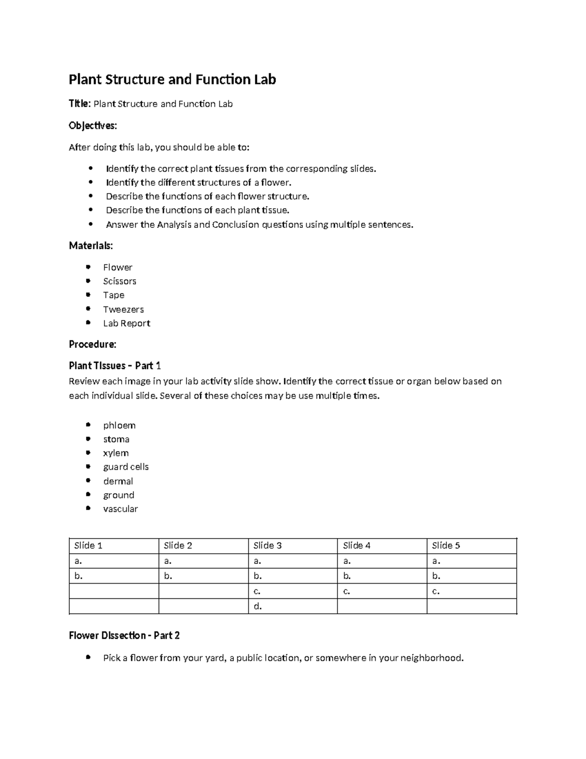 Virtual plants lab report - Plant Structure and Function Lab Title ...
