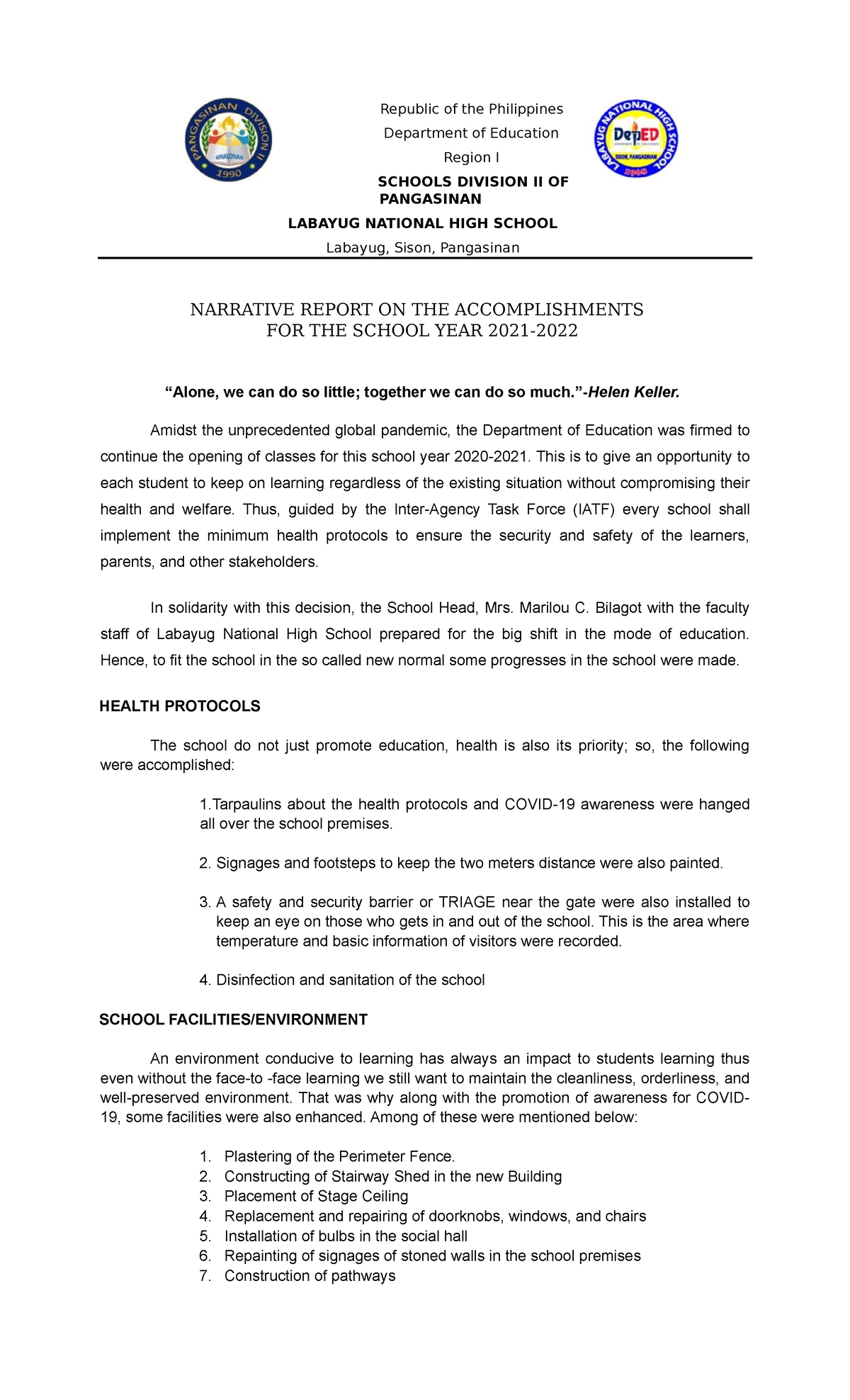 Narrative - Accomplishments 2021-2022 - Republic of the Philippines ...