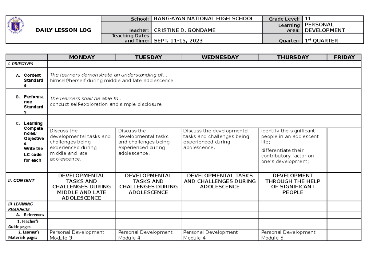 Per Dev Week3 Q1 - Lesson plan - DAILY LESSON LOG School: RANG-AYAN ...