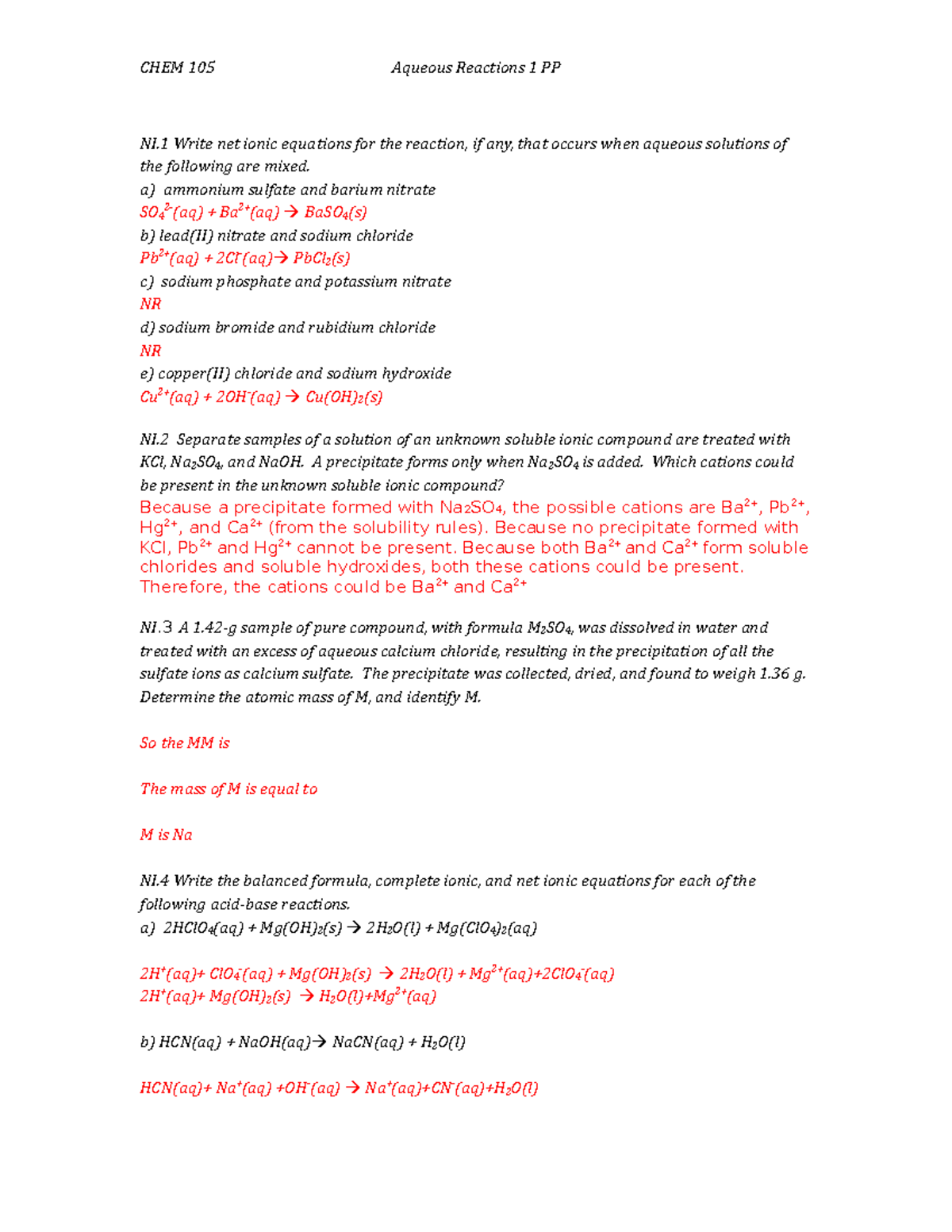 Aq rxn PP 1 key - Aq rxn PP 1 key - CHEM 105 Aqueous Reactions 1 PP NI ...