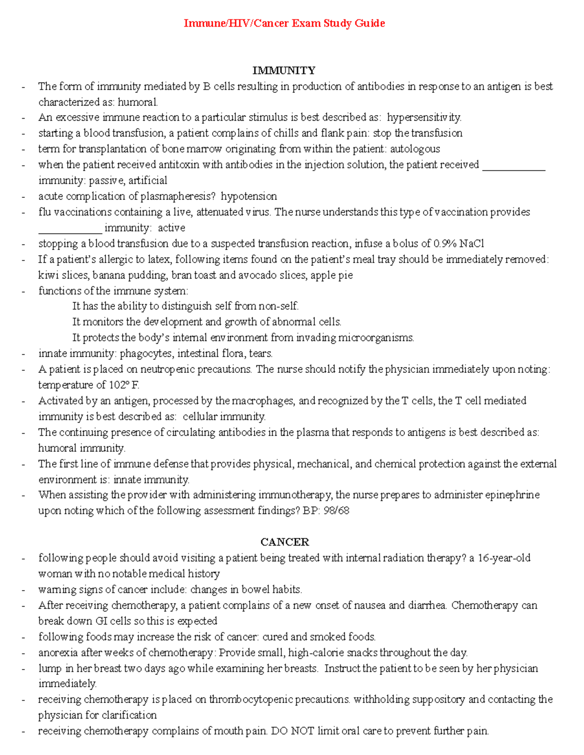 Immunological disorders and immunization Immune HIV Cancer Exam study ...