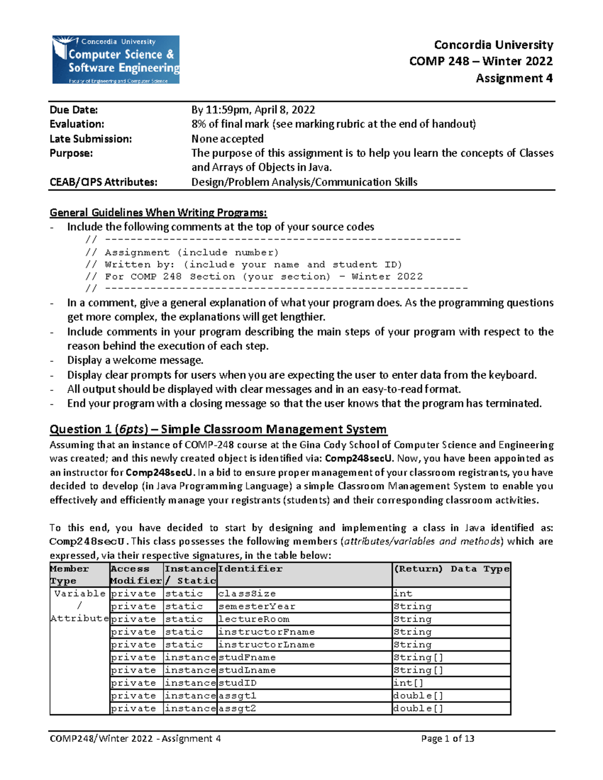 Assignment 4 - Handout for comp 248 - Concordia University COMP 248 ...