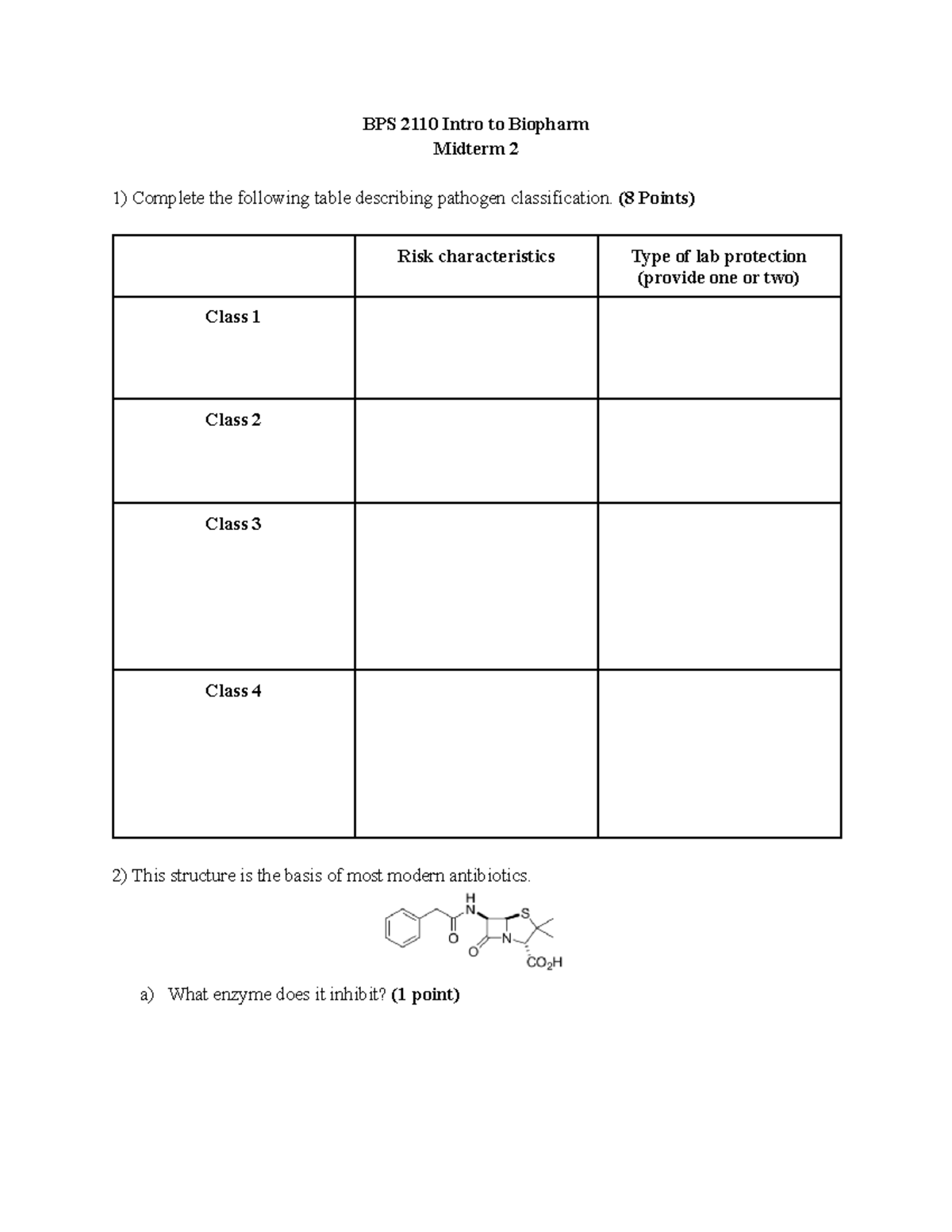 BPS 2110 Midterm 2 2018 blank copy - BPS 2110 Intro to Biopharm Midterm 2 Complete the following ...