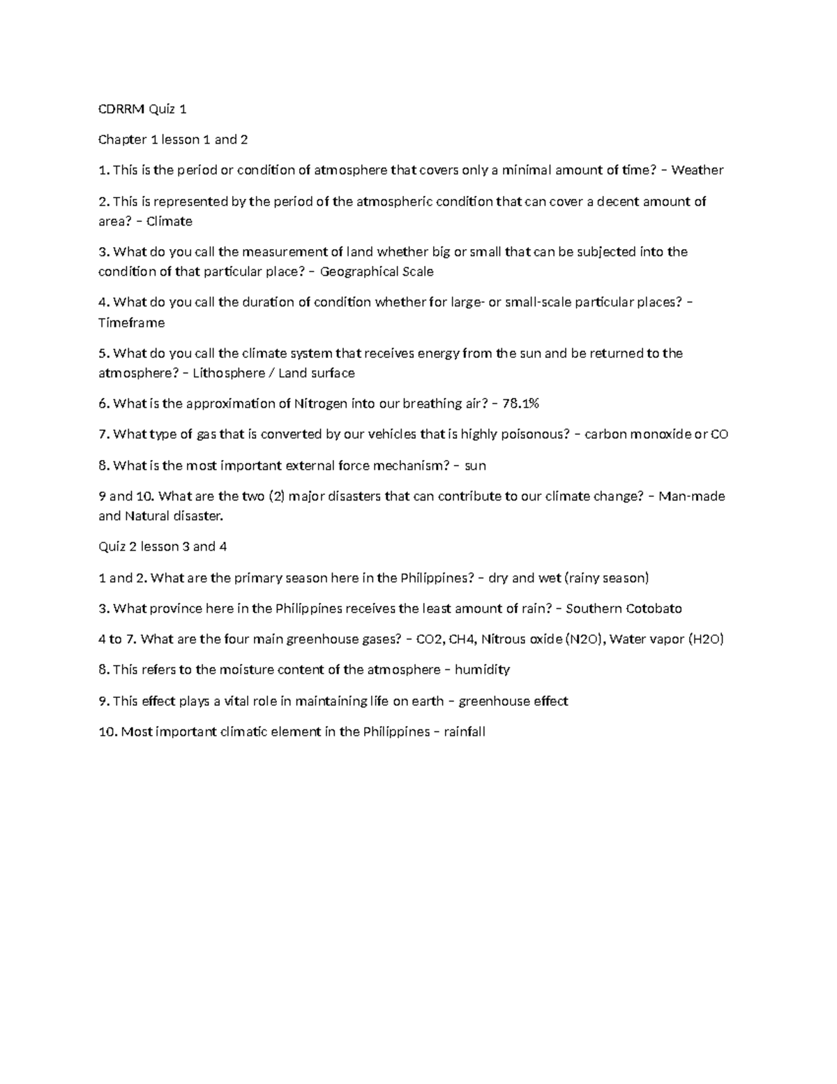 Cdrrm Quiz 1 - Climate Change - CDRRM Quiz 1 Chapter 1 lesson 1 and 2 ...