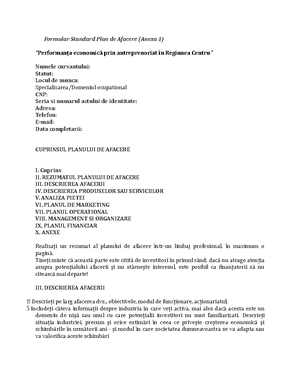 Plan de Afaceri Cafenea - Sinteza Planului de - Studocu