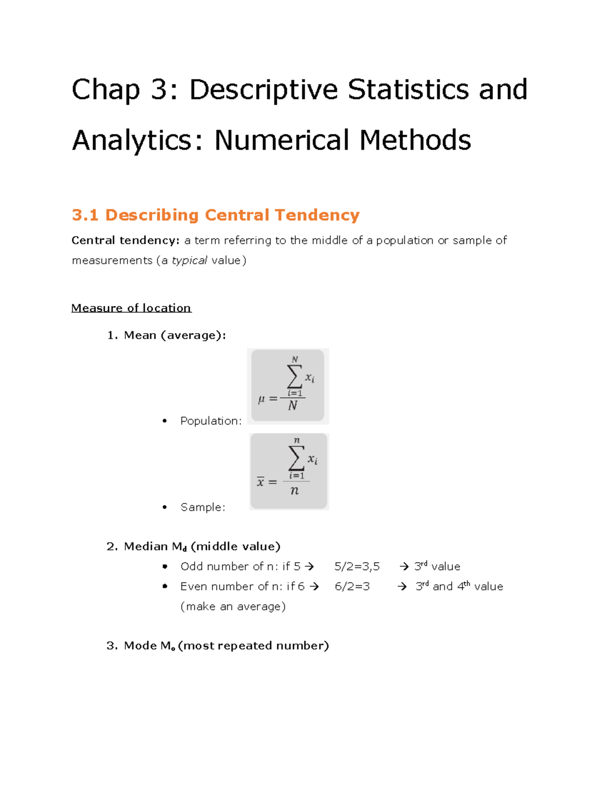 Chapter 3 Descriptive Statistics and Analytics - It is calculated using the population ...