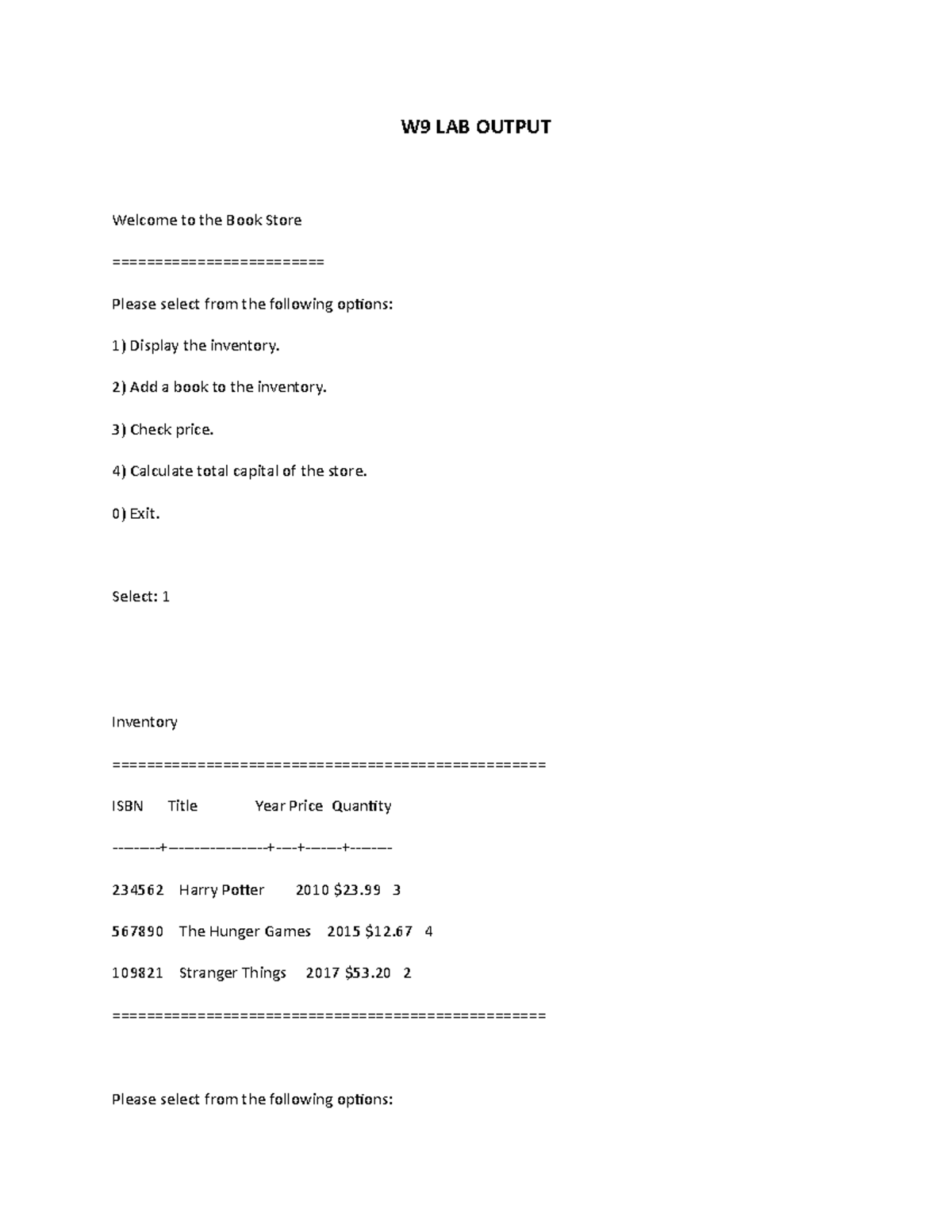 W9 LAB Output - W9 LAB OUTPUT Welcome to the Book Store Please select ...