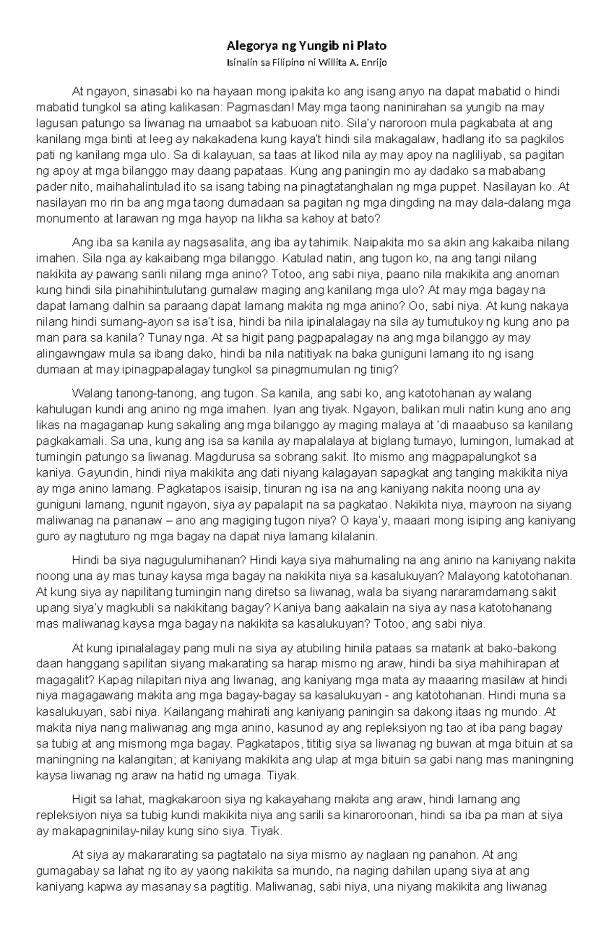 Alegorya ng Yungib ni Plato - Alegorya ng Yungib ni Plato Isinalin sa Filipino ni Willita A ...