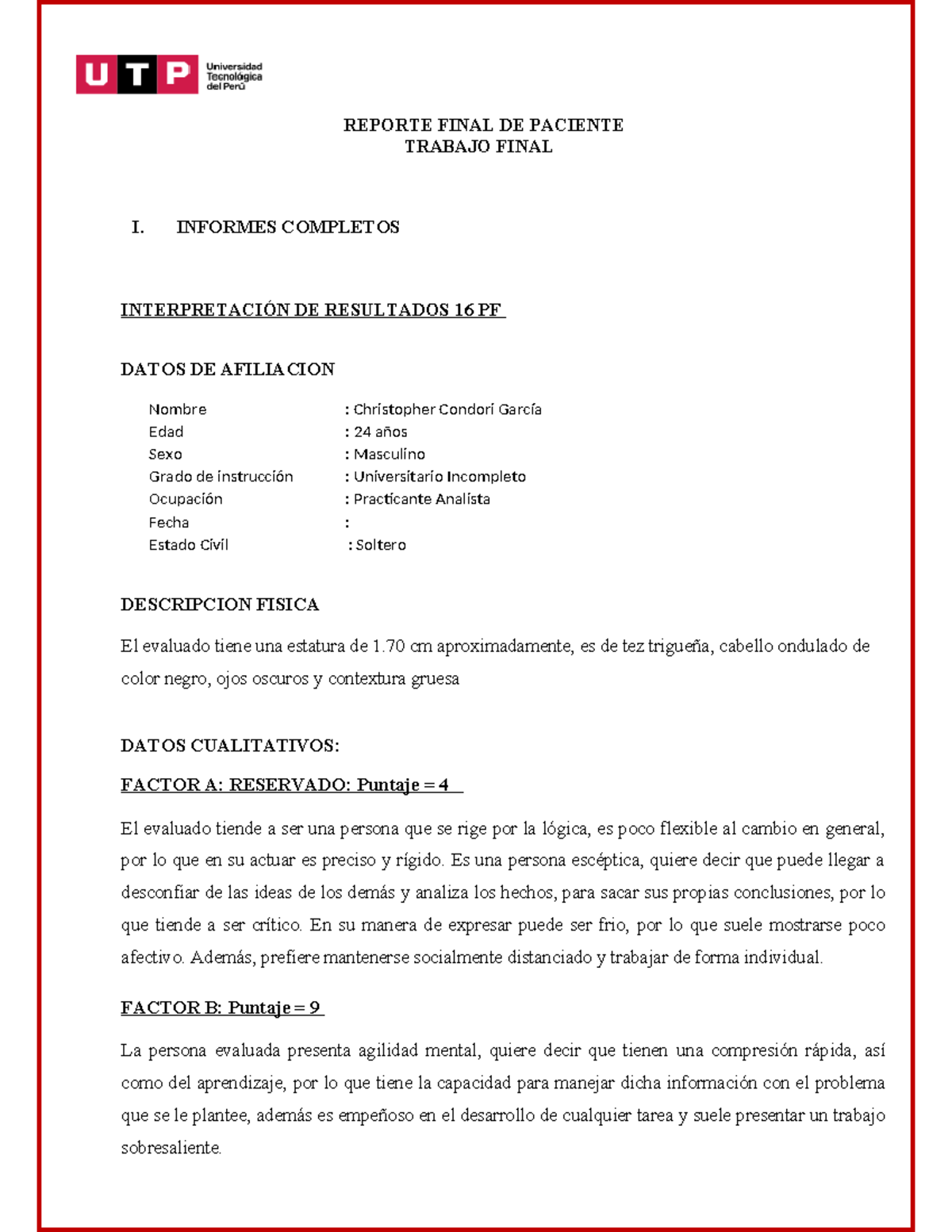 Trabajo Final, Examinadora ANA DIAZ Marchan - REPORTE FINAL DE PACIENTE ...