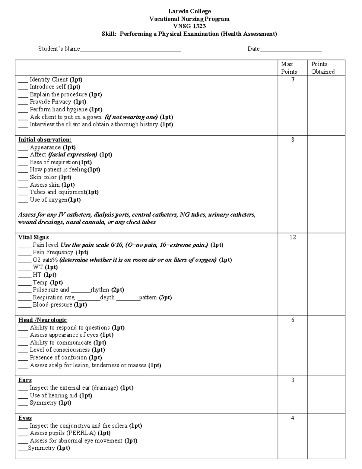 Skills Check-Physical Examination - Laredo College Vocational Nursing Program VNSG 1323 Skill ...