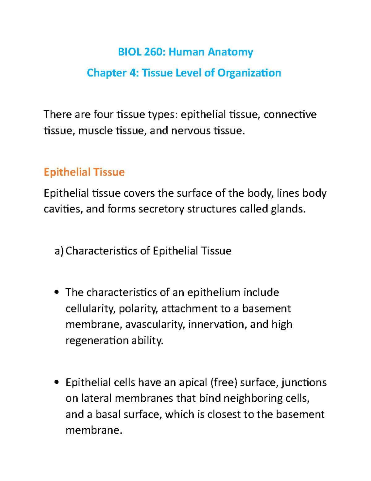 Human Anatomy Ch 4 (Notes) - BIOL 260: Human Anatomy Chapter 4: Tissue ...