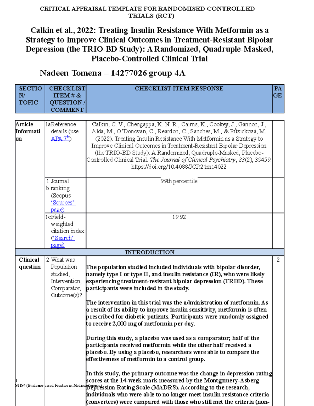 RCT Appraisal Template Finale - 1 91194 (Evidence-based Practice in ...