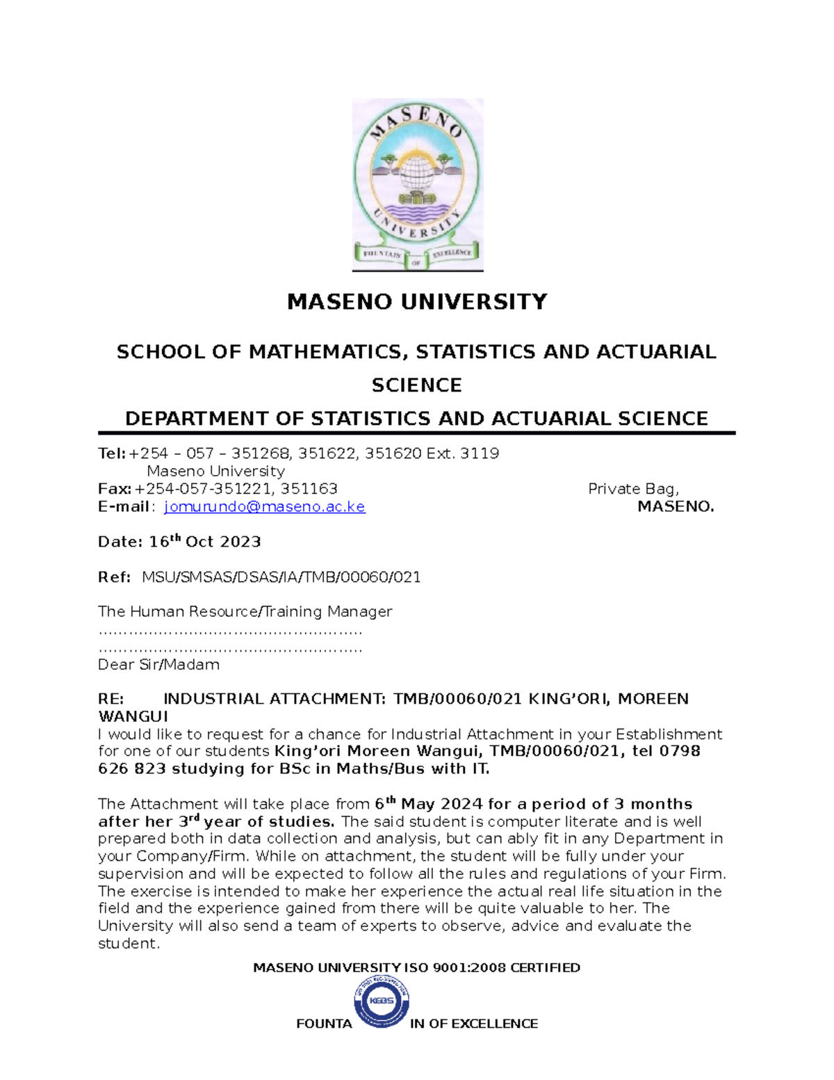 Attachment letter - MASENO UNIVERSITY SCHOOL OF MATHEMATICS, STATISTICS ...