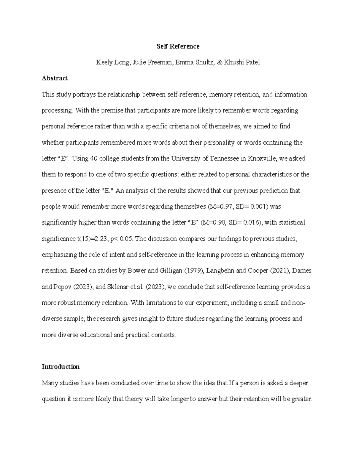 Lab 11 Self Reference- Psych 294 - Self Reference Keely Long, Julie ...