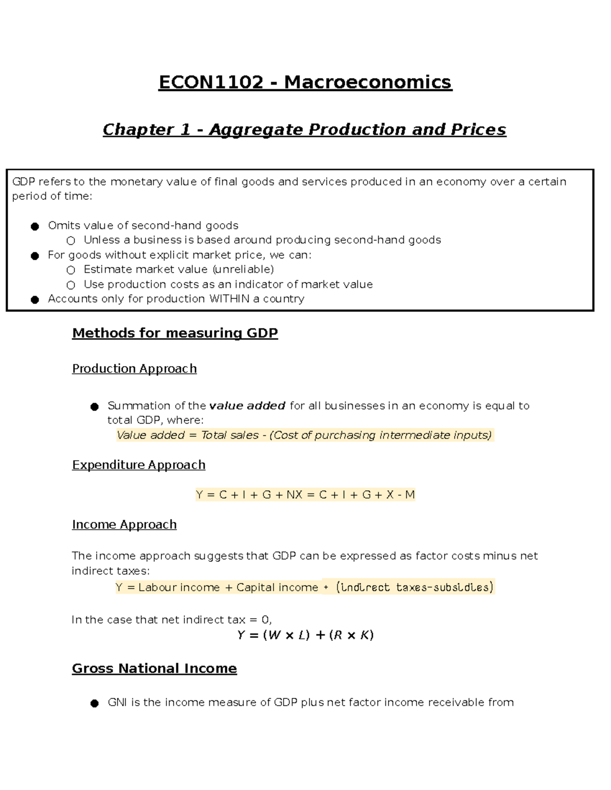 ECON1102 - Macroeconomics - ECON1102 - Macroeconomics Chapter 1 - Aggregate Production and ...
