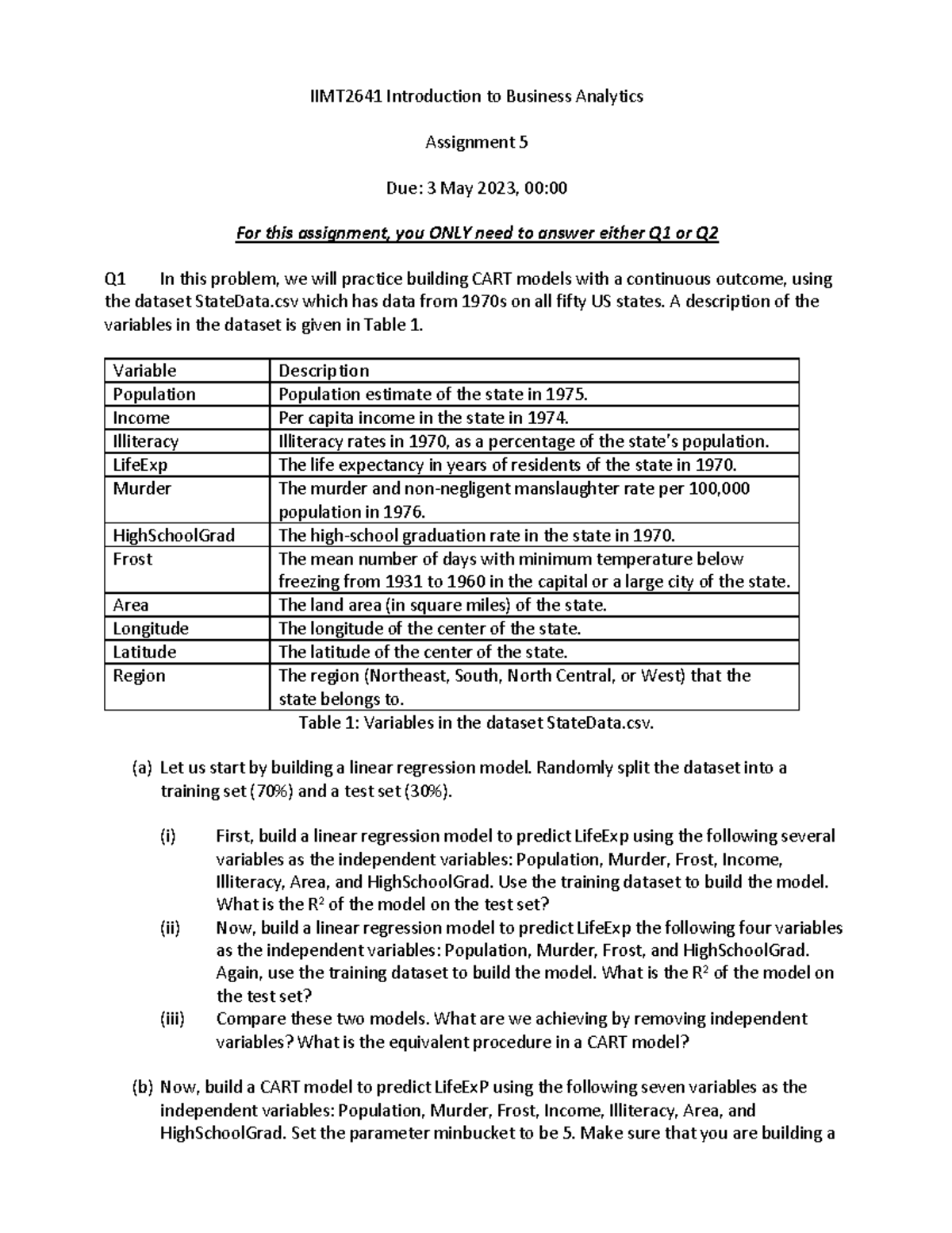 Assignment 5 - IIMT2641 - IIMT2641 Introduction to Business Analytics Assignment 5 Due: 3 May ...