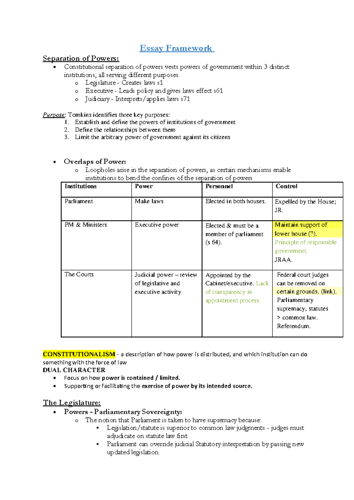 Essay Framework - notes 1` - Essay Framework Separation of Powers ...