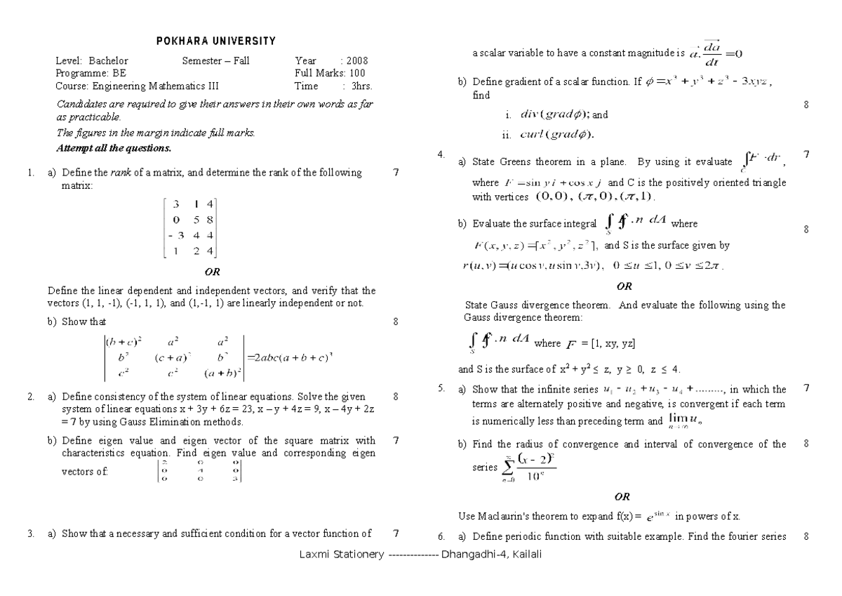 Engineering Mathematics III fall 2008 - POKHARA UNIVERSITY Level ...