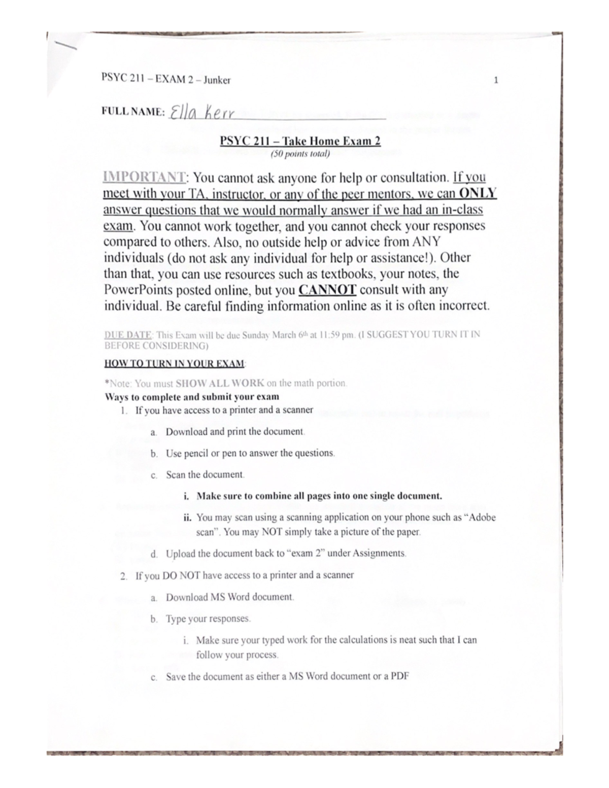 PSYC 211 - EXAM 2 - Junker- PSYC 211 EXAM 2 Junker . FULLNAME: Kerry PSYC 211 Take Home Exam 2 ...