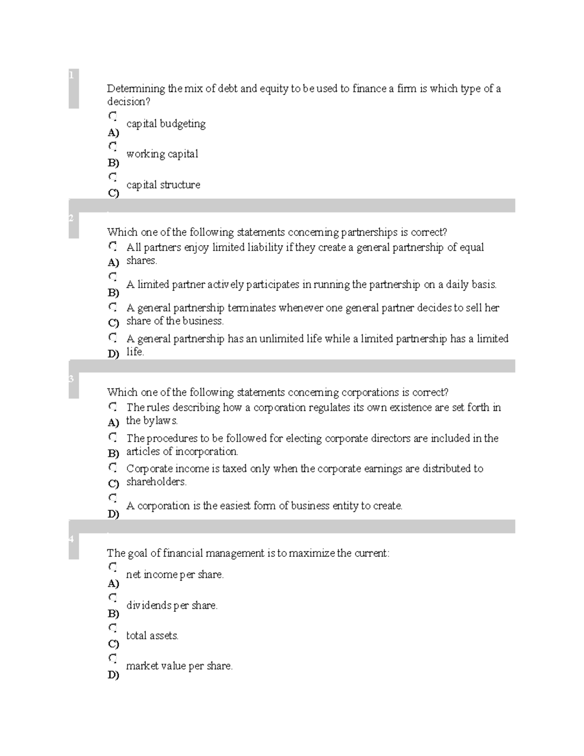 Ch 1 test of MCQs for finance - 1 Determining the mix of debt and ...