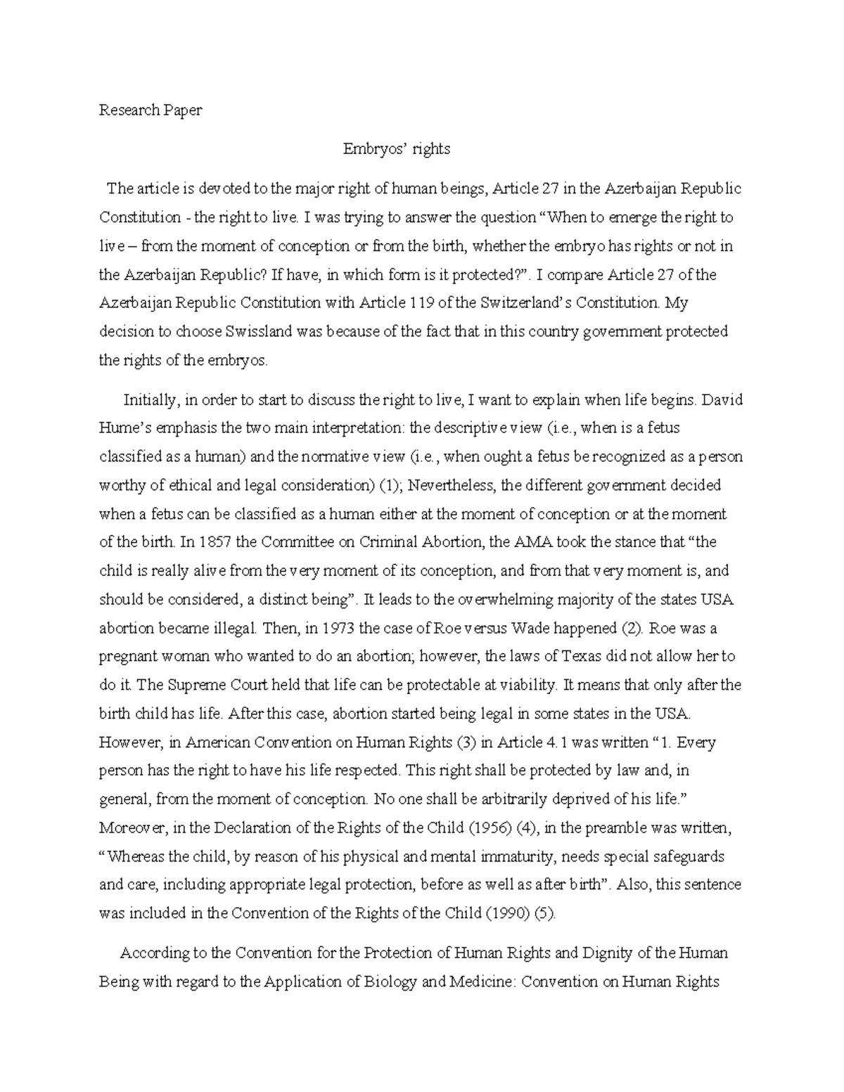 Research Paper on Embryos’ rights - Research Paper Embryos’ rights The ...