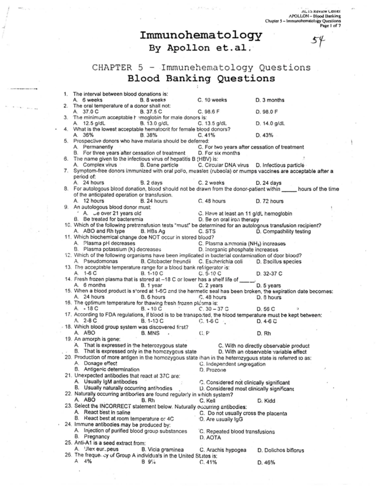 Apollon-Blood Banking QNA - Bachelor of Science in Medical Laboratory ...