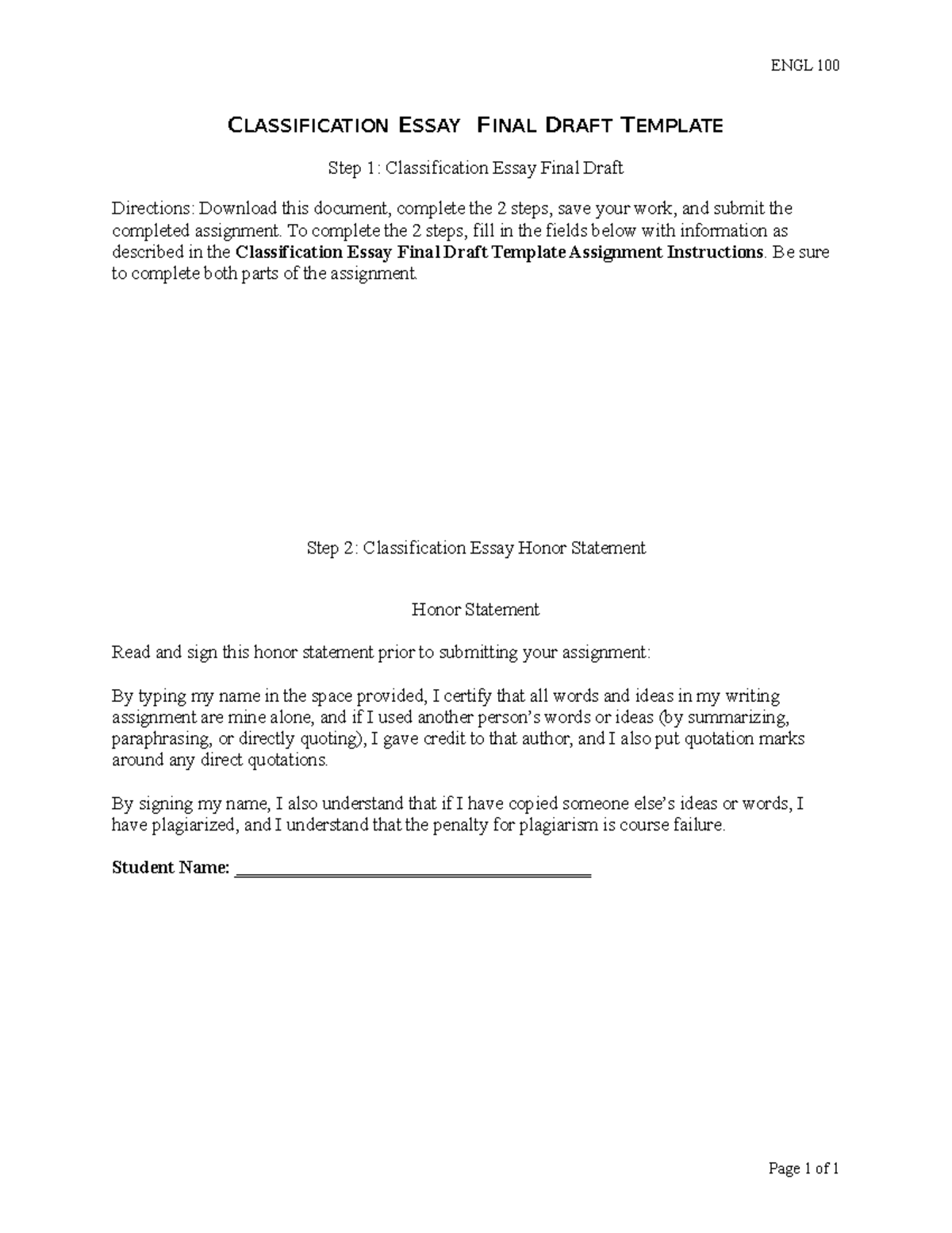 Classification Essay Final Draft Assignment Template - ENGL 100 ...
