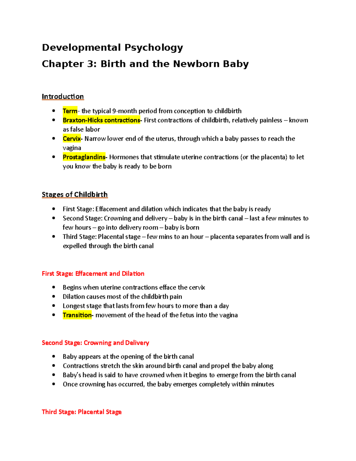Chapter 3 Dev Psych - N/A - Developmental Psychology Chapter 3: Birth ...