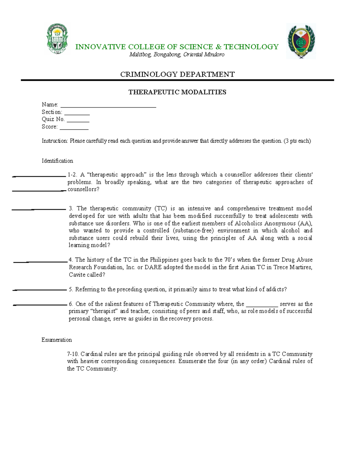 TM 2 Short quiz on Therapeutic Modality - INNOVATIVE COLLEGE OF SCIENCE ...