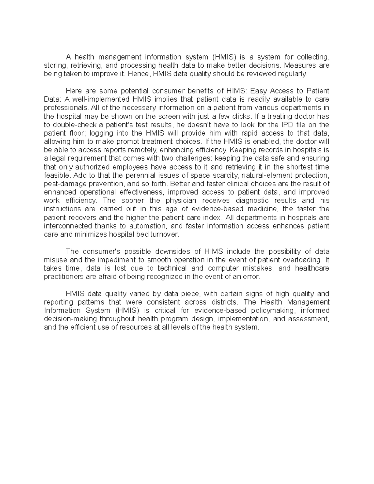 Health Management Information Systems (HMIS) - A health management ...