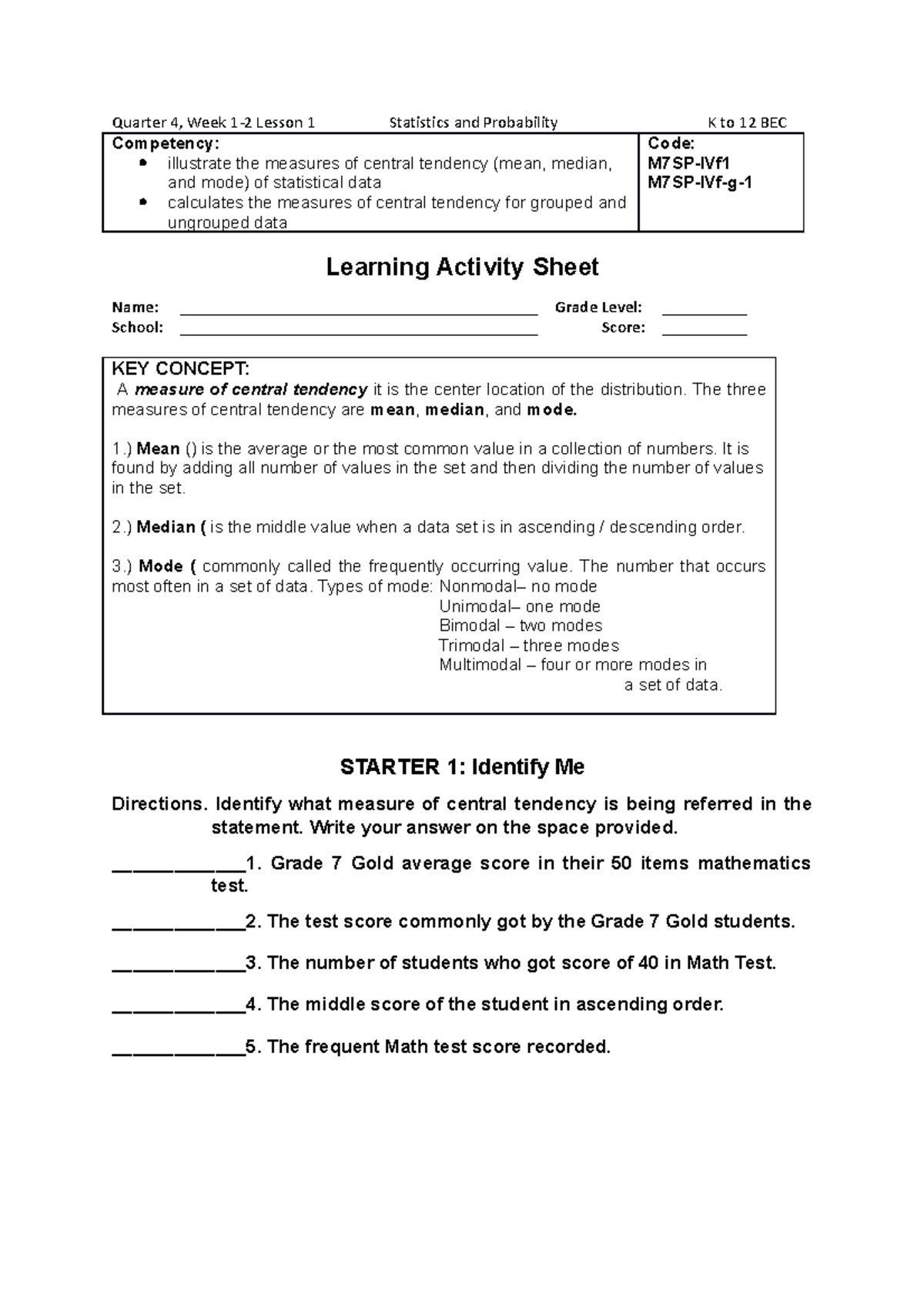 MATH7Q4 Lasmeanmedianmodeungrouped - Quarter 4, Week 1-2 Lesson 1 ...
