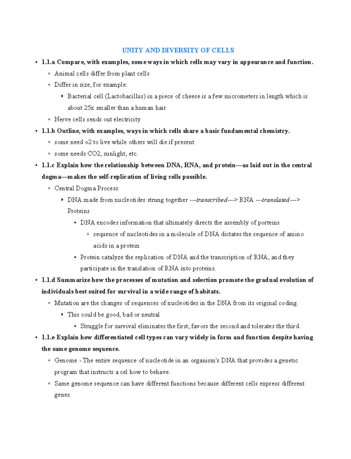 Chapter 1 Typed Notes Book - UNITY AND DIVERSITY OF CELLS 1.1 Compare ...