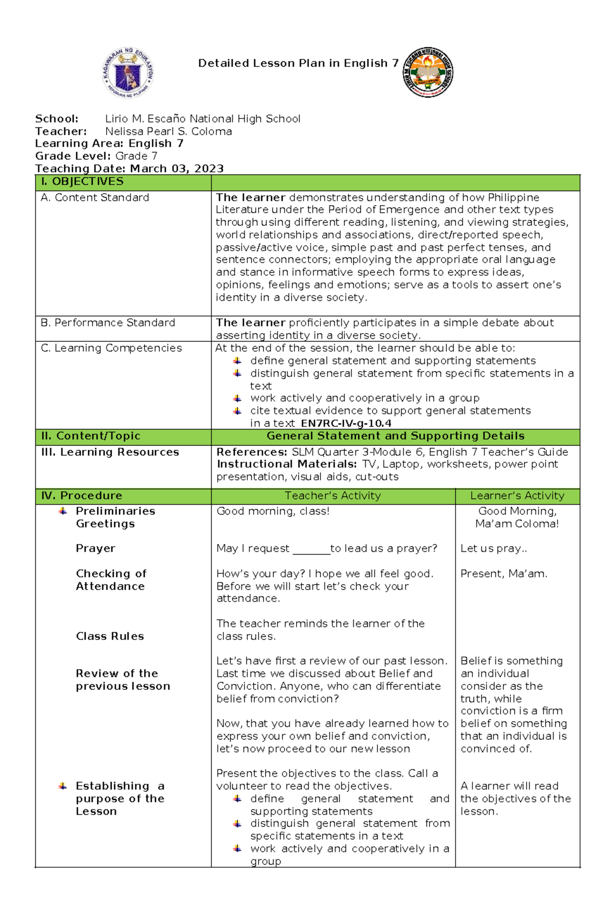 Detailedlessonplaninenglish 7final-230903093156-0dc581e6 - Detailed ...