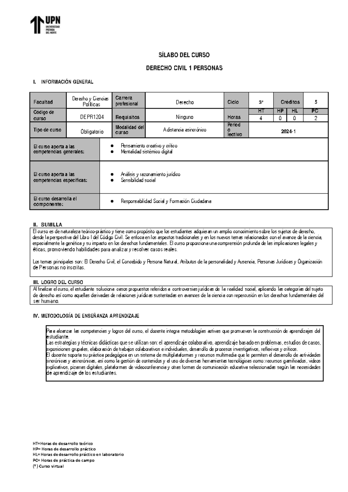 derecho civil 1 - HT=Horas de desarrollo teórico HP= Horas de desarrollo práctico HL= Horas de ...