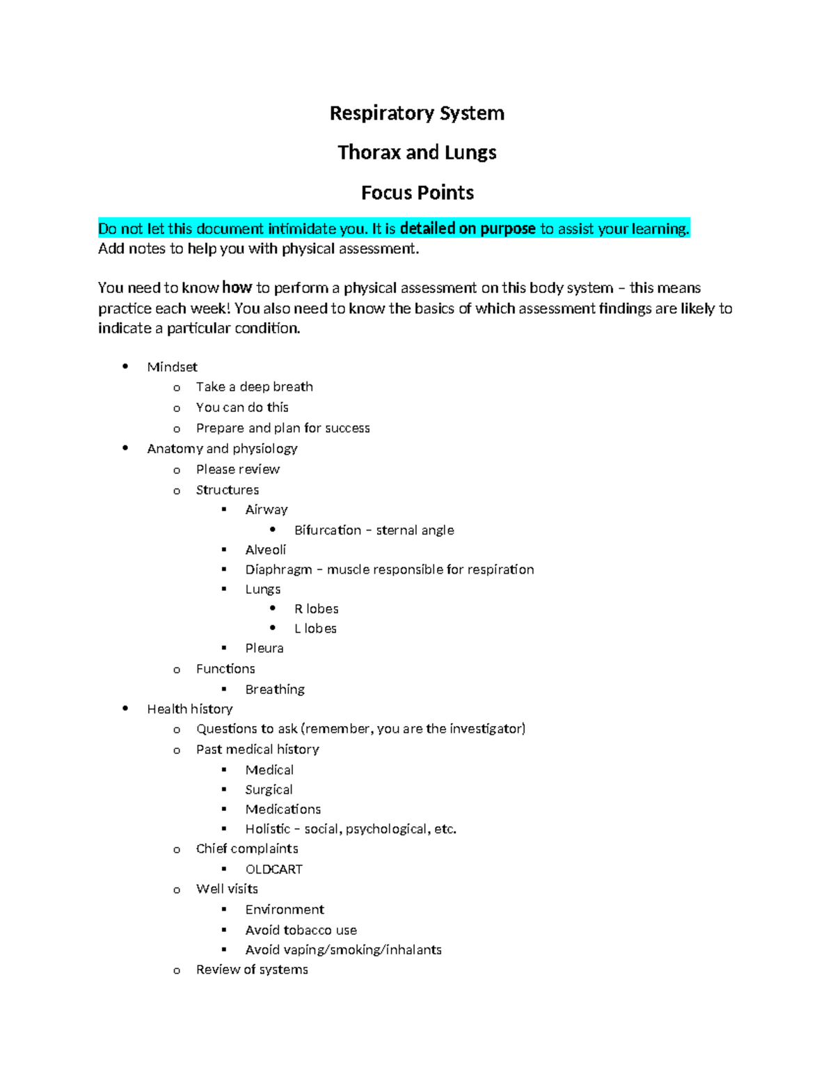 Respiratory Focus Points-1 - Respiratory System Thorax and Lungs Focus ...