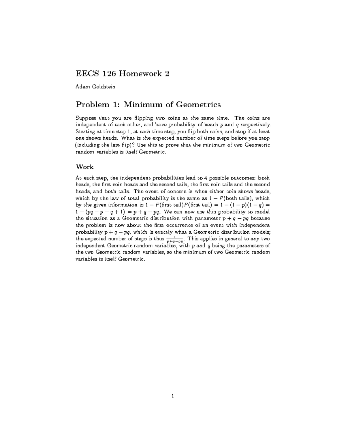 2 - Homework - EECS 126 Homework 2 Adam Goldstein Problem 1: Minimum of ...