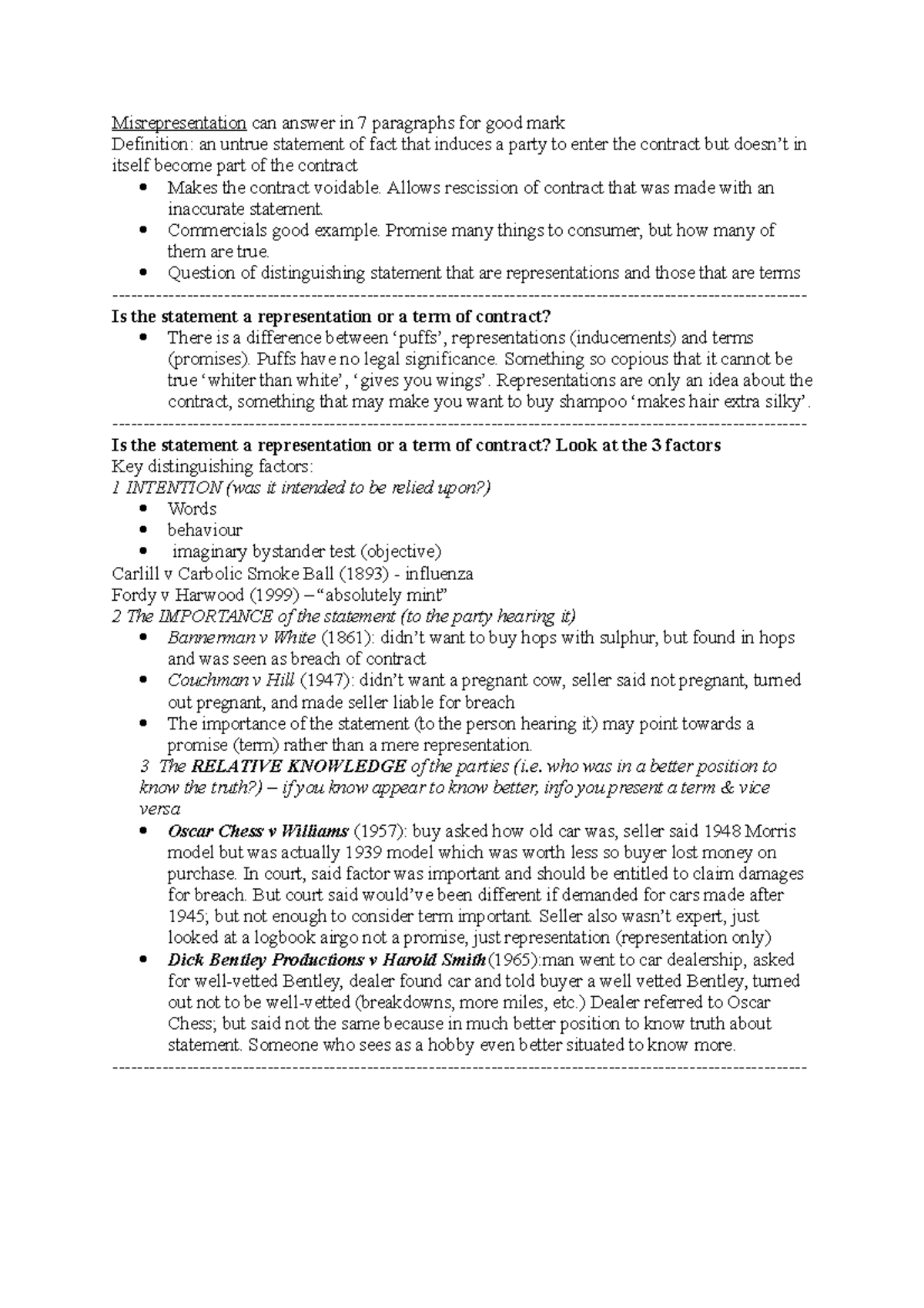 Misrepresentation - Allows rescission of contract that was made with ...