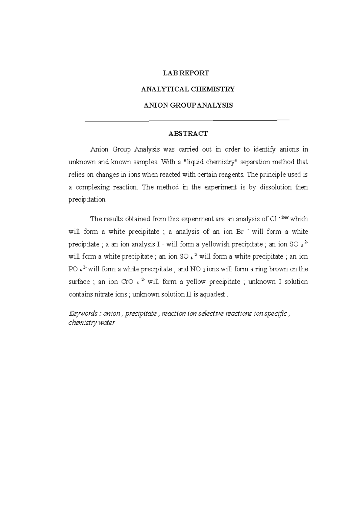 Anion analysis lab report - LAB REPORT ANALYTICAL CHEMISTRY ANION GROUP ...