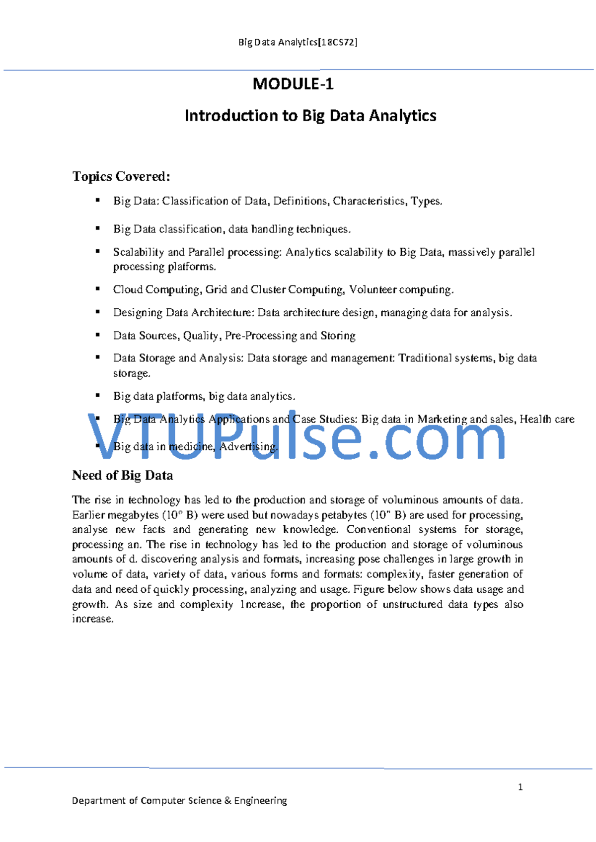 Module 1 - VTUPulse 1 MODULE- 1 Introduction to Big Data Analytics ...