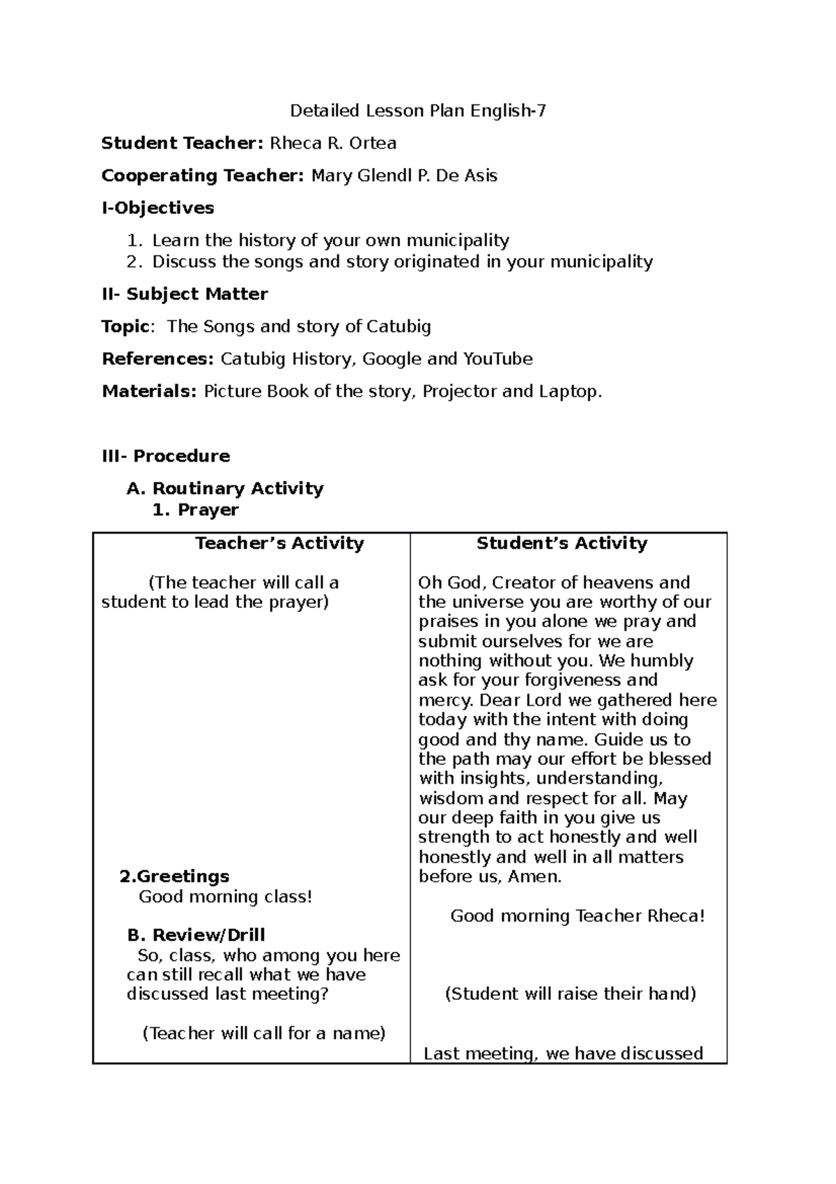 Detailed Lesson Plan English - Detailed Lesson Plan English- Student ...