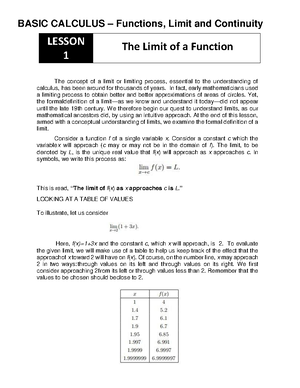 Basic Calculus - Lesson 2 - College Algebra - BASIC CALCULUS – Functions, Limit and Continuity ...