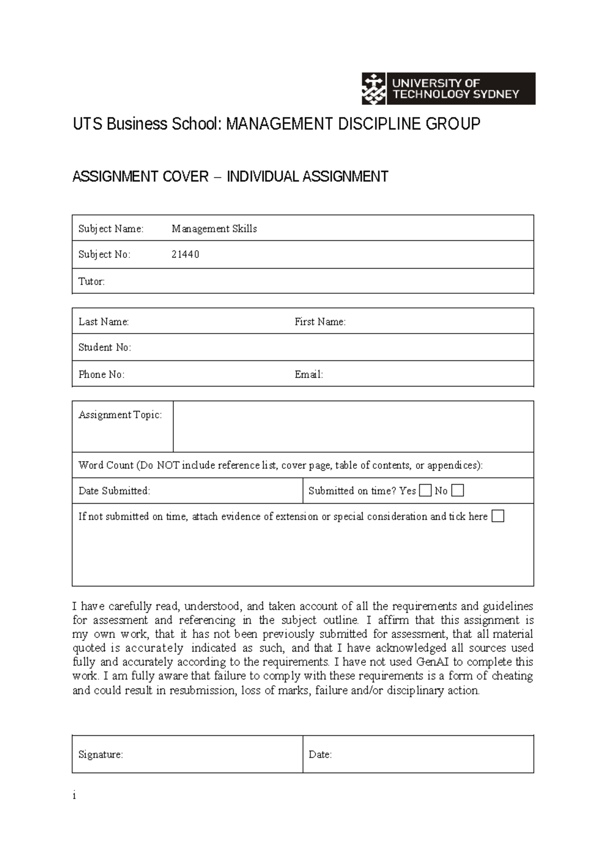 Cover Sheet-4 - managemnt skills - UTS Business School: MANAGEMENT ...