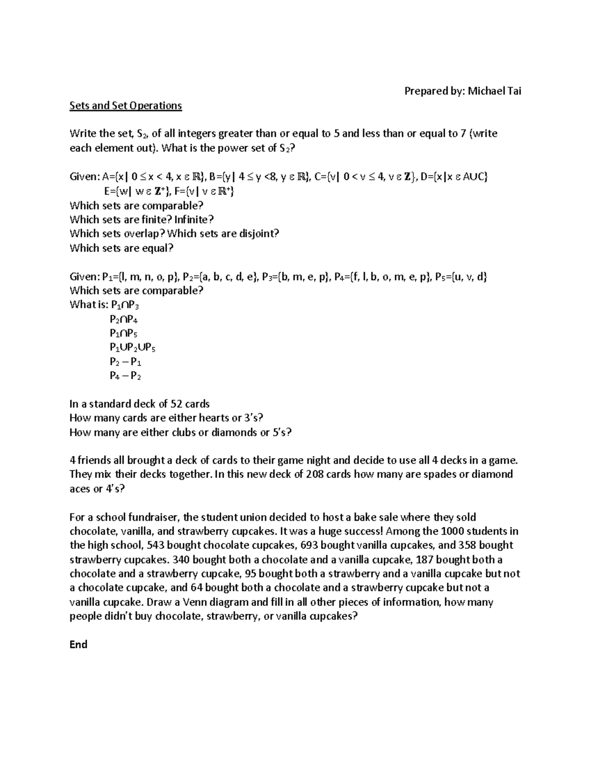 Math 18584 module 2 practice - Prepared by: Michael Tai Sets and Set ...