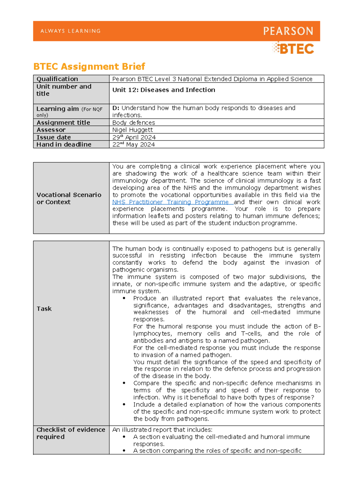 Assignment Brief Unit 12 D - BTEC Assignment Brief Qualification ...