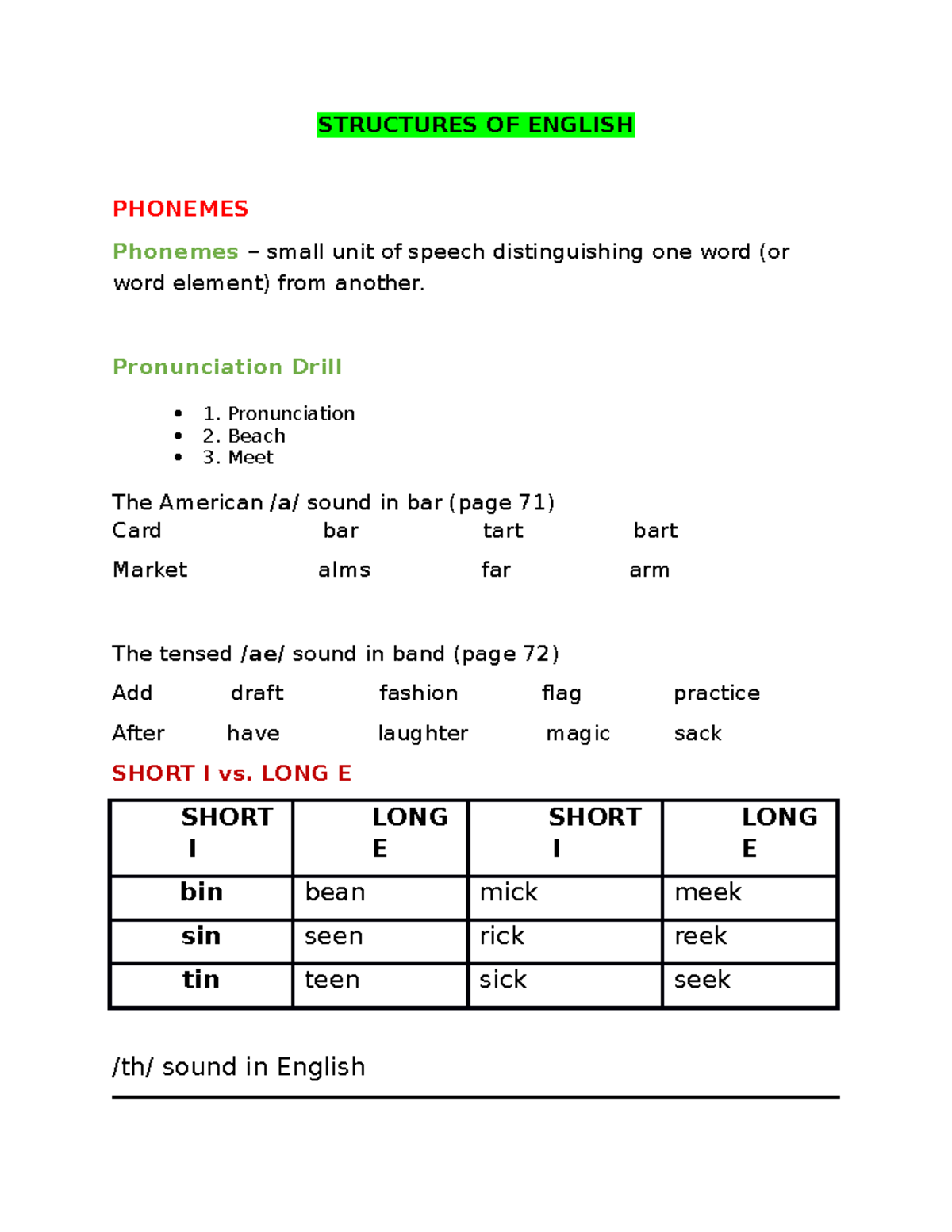 Structure od english - STRUCTURES OF ENGLISH PHONEMES Phonemes – small ...