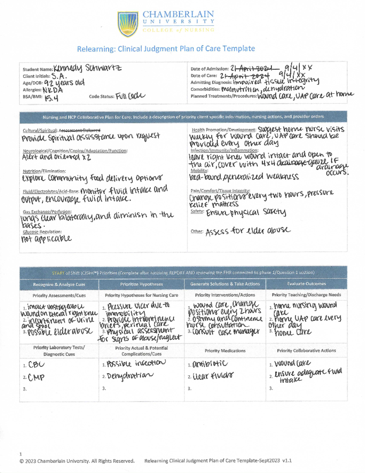 NR304- Plan of Care Documentation 2023 - CHAMBERLAIN UNIVERSIT Y ...
