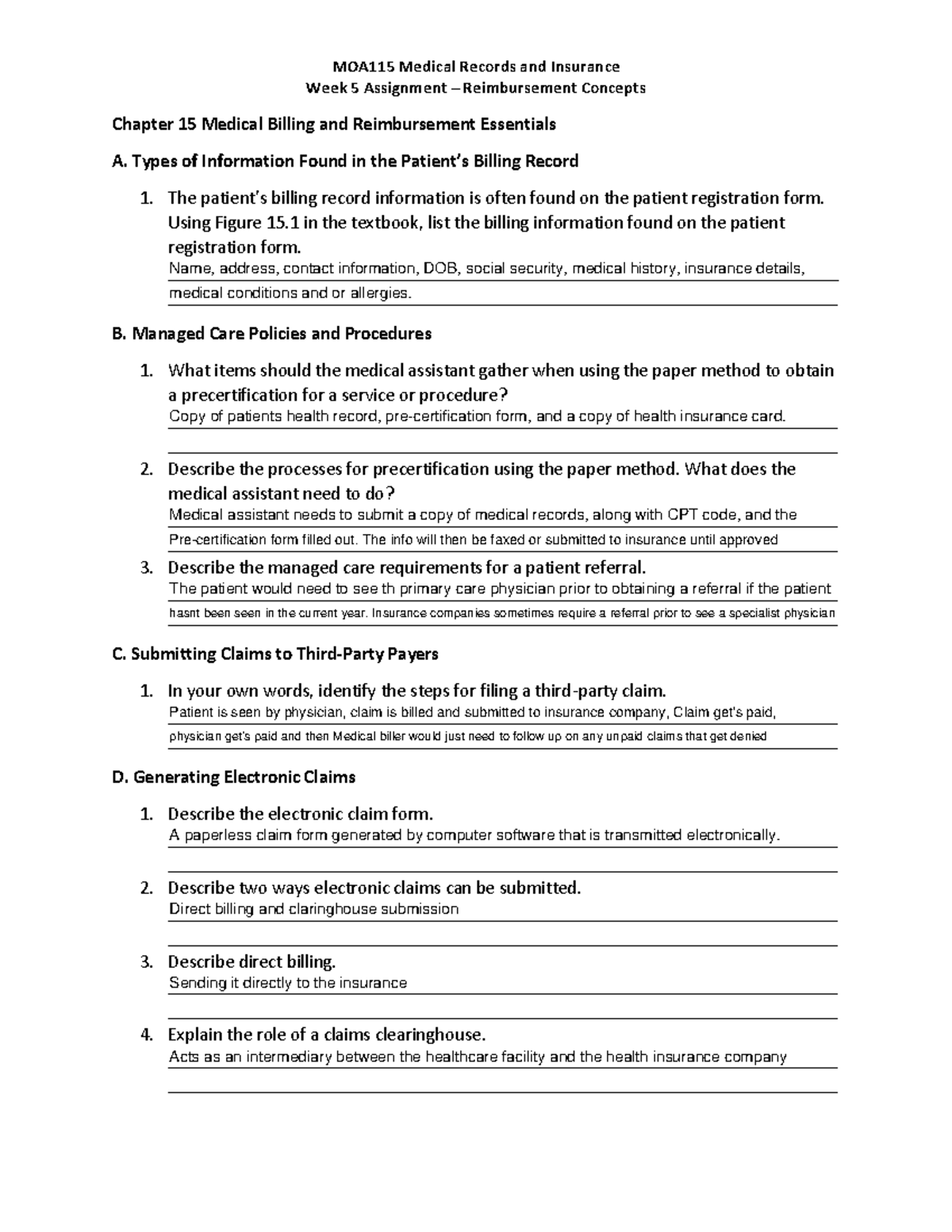 Week 5 Assignment Worksheet - MOA115 Medical Records and Insurance Week ...