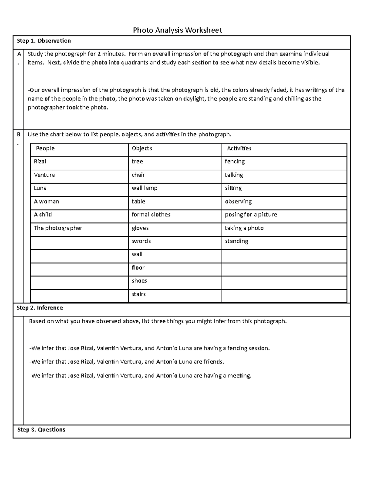 Photo Analysis Worksheet G5 - Photo Analysis Worksheet Step 1 ...