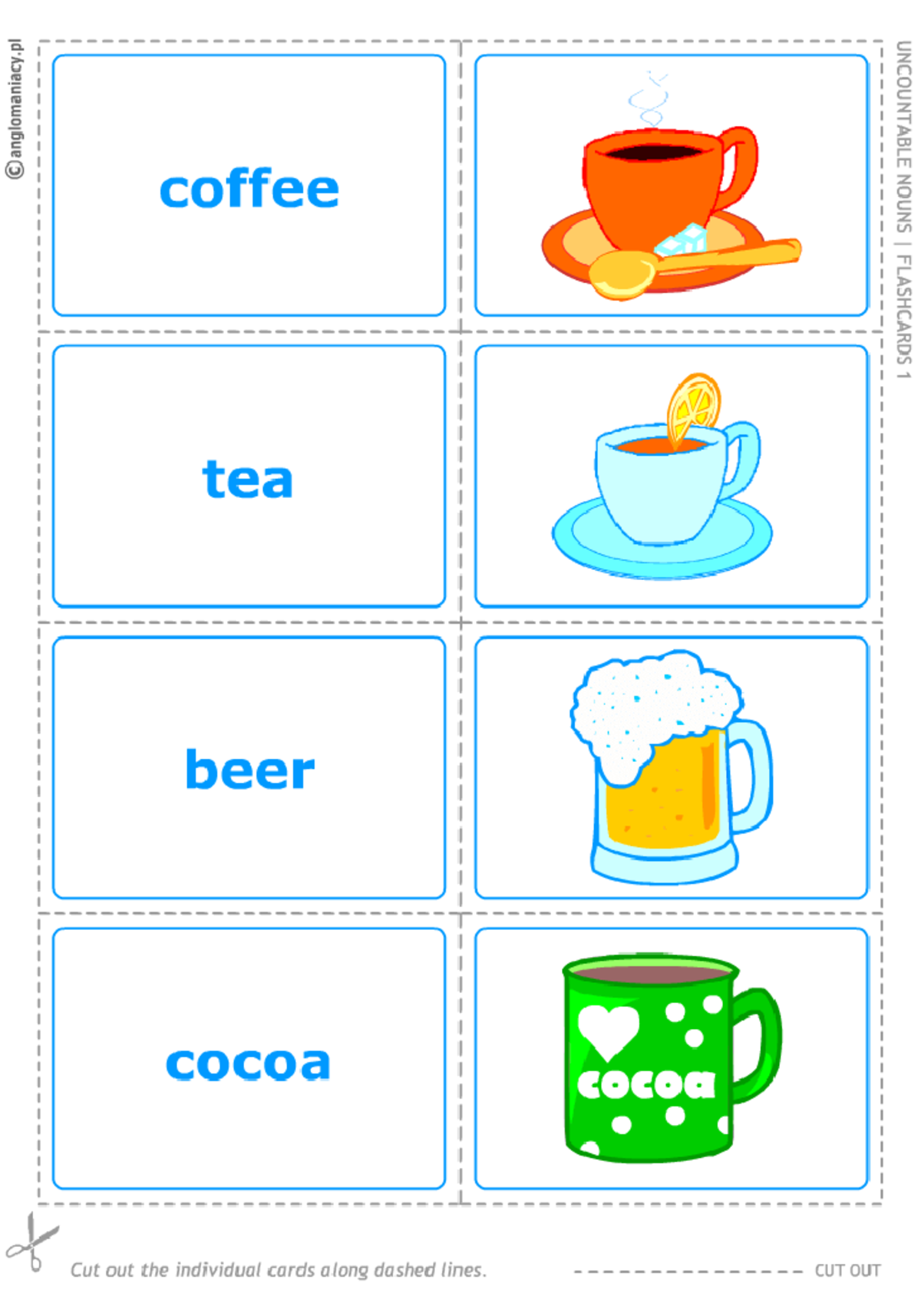 Nouns-uncountables-flashcards 2 - coffee tea beer cocoa cocoa Cut out ...
