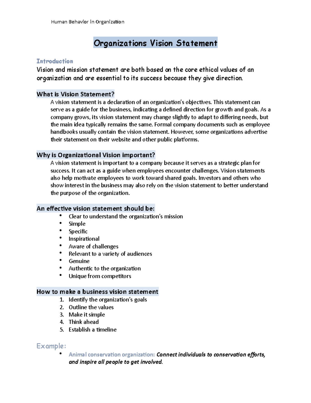 Organizations Vision Statement - Human Behavior in Organization ...